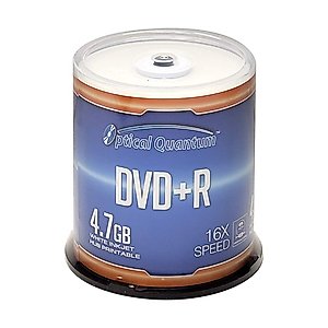 Optical Quantum DVD+R 4.7GB 16X White Inkjet Printable Blank DVDs - 100pk Cake Box (FFP), Writable DVD Discs, Recordable DVD+R Discs, 100 Discs