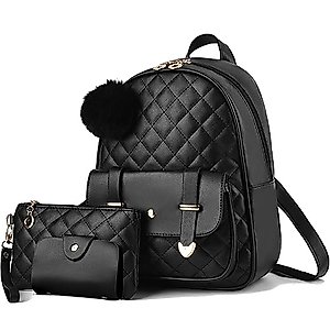 I IHAYNER Backpack Purse for Women 3PCS Leather Cute Small Backpack Purse with Pompom Mini Backpack for Women Travel Backpack (Black)