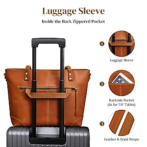 S-ZONE Genuine Leather Tote Bag for Women Work Shoulder Crossbody Purses Handbag with Outside Pockets