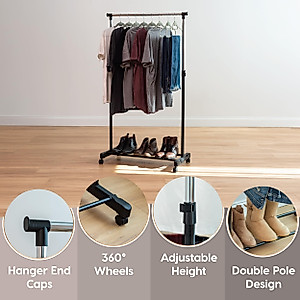 IRIS USA Portable Single-Rod Height Adjustable Clothes Rack with Lockable Wheels, Rolling Garment, Sigle Rod Wardrobe Rack, Easy Assemble, for Clothes, Belts, Shoes, and Bags