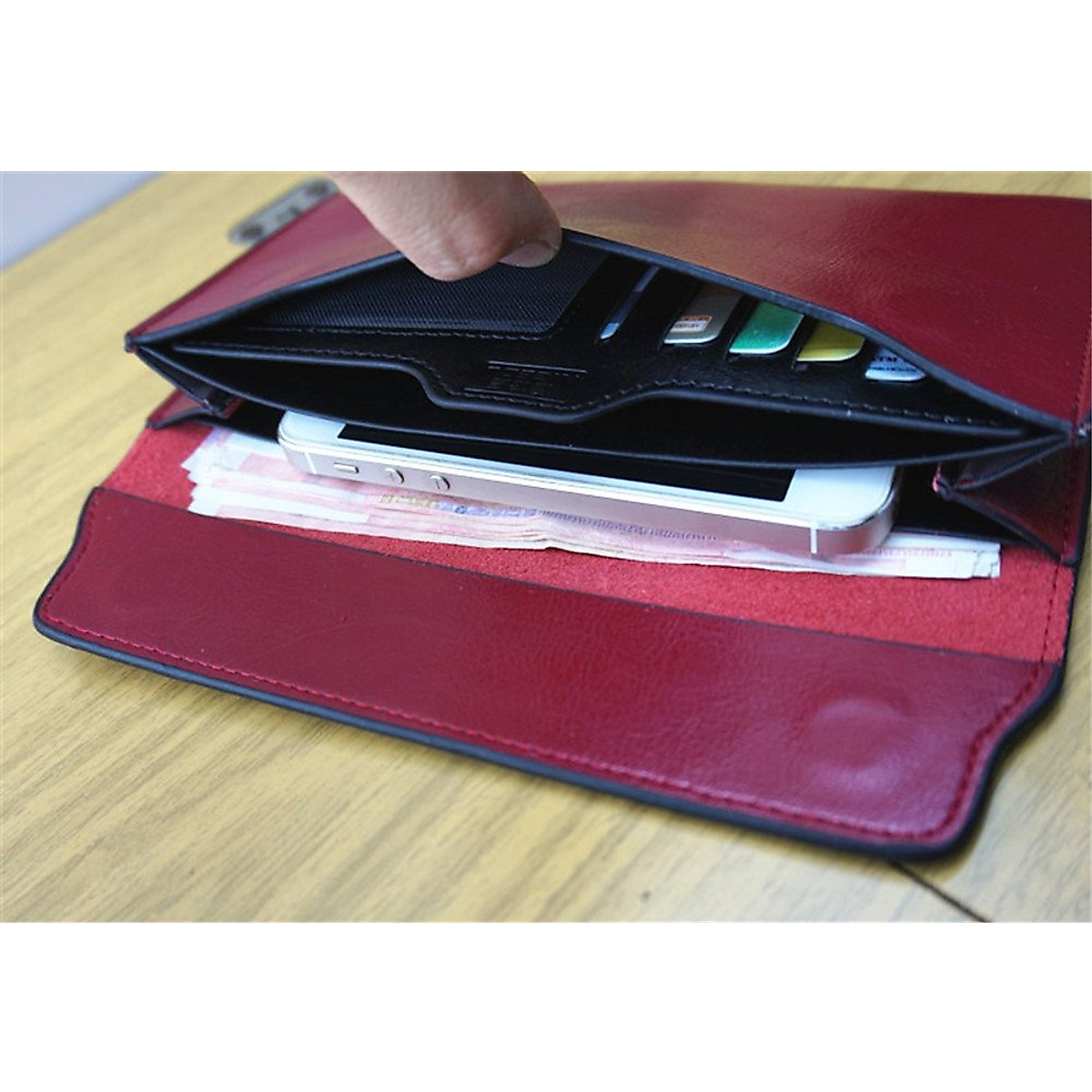NIGEDU Women Long Wallet Genuine Cowhide Leather Cards Holder Clutch Purse Phone Bag (Wine Red)