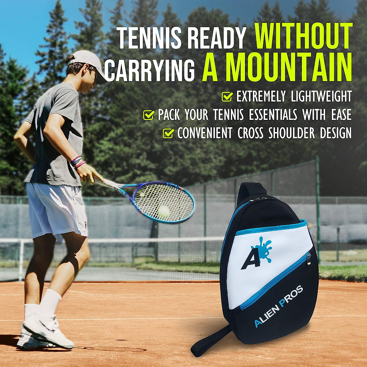 ALIEN PROS Lightweight Tennis Sling Backpack for your racket and other essentials - Pack quickly and lightly for tennis and in life - Tennis Racket Bag Sling Bag for men and women, Blue