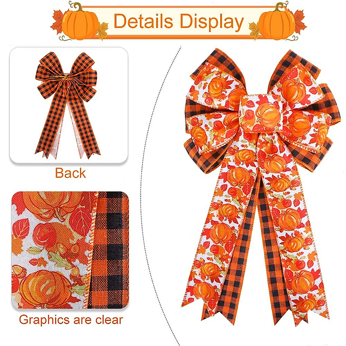 Fall Wreath Bows, Autumn Bow Orange Buffalo Plaid Pumpkin Wreath Bow for Fall Bows Knot Thanksgiving Dinner Party Fireplace Christmas Halloween Home Garden Party Decor