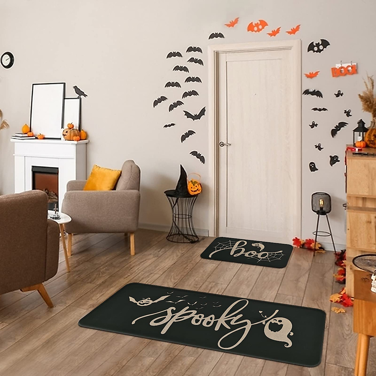 2 Pcs Halloween Kitchen Rugs Mat, Personalized Ghost Bat Horror Black Area Rug Set of 2 Washable, Non-Slip Absorbent Cartoon Boo Spooky Kitchen Mats Cushioned Anti Fatigue, 17'' x 47'' + 17'' x 30''