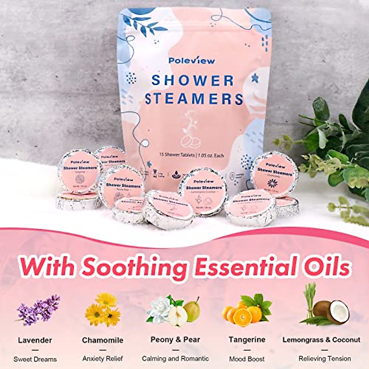 Poleview Shower Steamers Aromatherapy, Variety Pack of 15 Shower Bombs with Essential Oil for Home SPA, Relaxation, Meditation and Calming - Stress Relief and Self Care Gifts Set for Women and Men