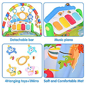 Baby Gym Play Mats with Kick And Play Piano Gym Mat, Baby Jungle Gym Activity Mat with 5 Colorful Infant Toys, Activity Center with Lights Music Mirror for Tummy Time Shower Gifts Baby Toys 3-6 Months