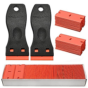 Sticker Scraper Tool Set include 120 Pcs 1.5 Inch Plastic Scraper Blades + 2 Pcs Plastic Razor Blade Scraper for Auto Vinyl Wrap Window Tint Glass Cleaning Adhesive Glue Paint Remove Plastic Scraper