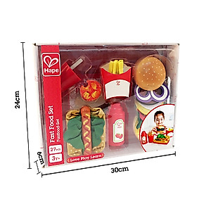 Hape Fast Food Set |Wooden Diner Fast Food Toy Set, Classic American Meal for Pretend Play Includes Burger, French Fries, Hotdogs & Cola