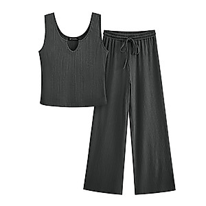 PRETTYGARDEN Women's Summer Casual Two Piece Outfits Sweatsuits Tank Scoop Neck Ribbed Knit Long Pants Tracksuits (Light Grey,X-Large)