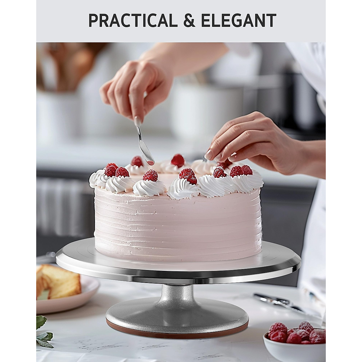 Syntus Aluminum Alloy Revolving Cake Stand, 12 Inch Cake Turntable for Decorating Super Smooth and Quiet Rotation Cake Decorating Stand for Party Wedding, Bright Silver Base