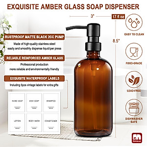 GMISUN Amber Glass Soap Dispenser, 2 Pack Bathroom Hand Soap Dispensers with Stainless Steel Pump, 17 Fl Oz Kitchen Hand and Dish Soap Dispenser Set, Modern Vintage Liquid Brown Soap Dispensers Bottle