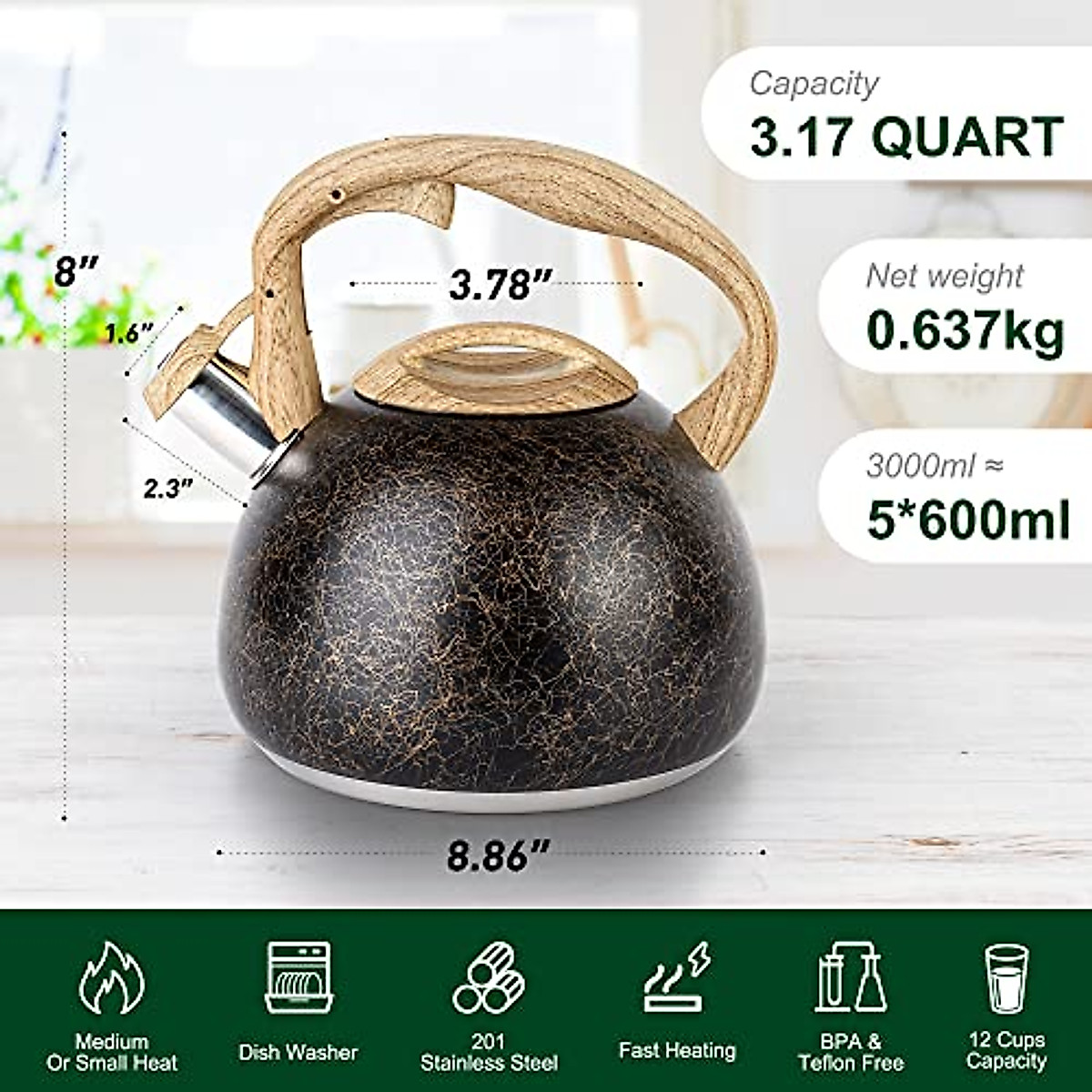 Greenual Tea Kettle, 3.2 Quart Loud Whistling Tea Kettle Stovetop, Food Grade Stainless Steel Teapot for Stovetop, Anti-Rust Tea Pot with Cool Touch Ergonomic Handle(Black Gold)