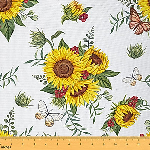 Feelyou Sunflower Fabric by The Yard, Floral Print Upholstery Fabric for Chairs, Yellow Flowers Pattern Botanical Decorative Fabric for Upholstery and Home DIY Projects, 1 Yard, Yellow White