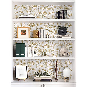 Heroad Brand Floral Peel and Stick Wallpaper Boho Contact Paper White and Gold Leaf Wallpaper Clearance Peel and Stick Wallpaper for Cabinets Shelf Liner Vinyl Roll Self Adhesive 78.7"x17.3"