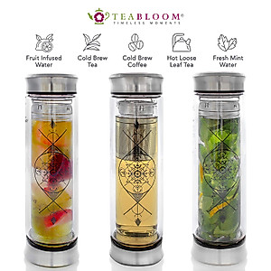 Teabloom All-Beverage Infusion Bottle – 14 oz / 400 ml – Double Wall Insulated Glass Travel Flask – Hot Tea & Cold Brew Coffee Thermos – Removable Sleeve