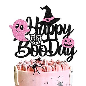 Happy Boo Day Cake Topper Pink and Black Halloween Cake Decoration Halloween Ghost Witches Bat Spider Pumpkin Theme for Kids Girl Birthday Baby Shower Party Supplies
