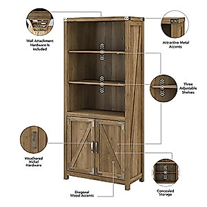 Bush Furniture Kathy Ireland Home Cottage Grove Tall 5 Shelf Bookcase with Doors in Reclaimed Pine