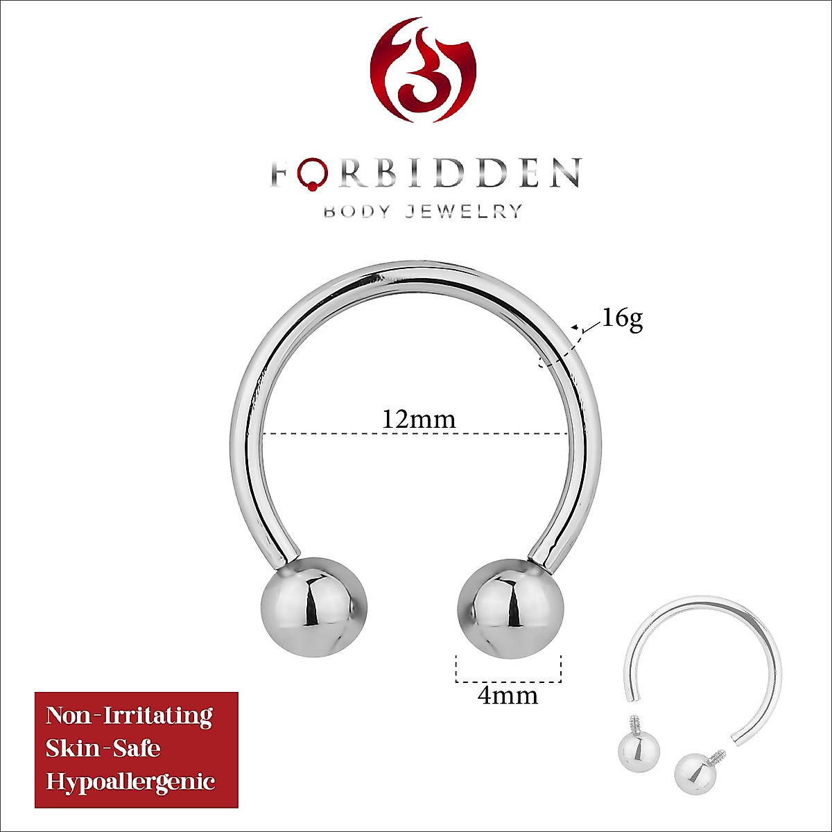 Forbidden Body Jewelry 16g 12mm Surgical Steel Internally Threaded Horseshoe Body Piercing Ring