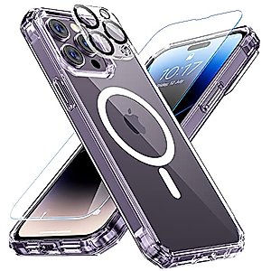 【3 in 1】Nuleto for iPhone 14 Pro Case, iPhone 14 Pro MagSafe Case Built-in 9H Tempered Glass Screen Protector & Camera Lens Protector Full-Body Protective Heavy Duty Shockproof Slim Thin Cover - Clear