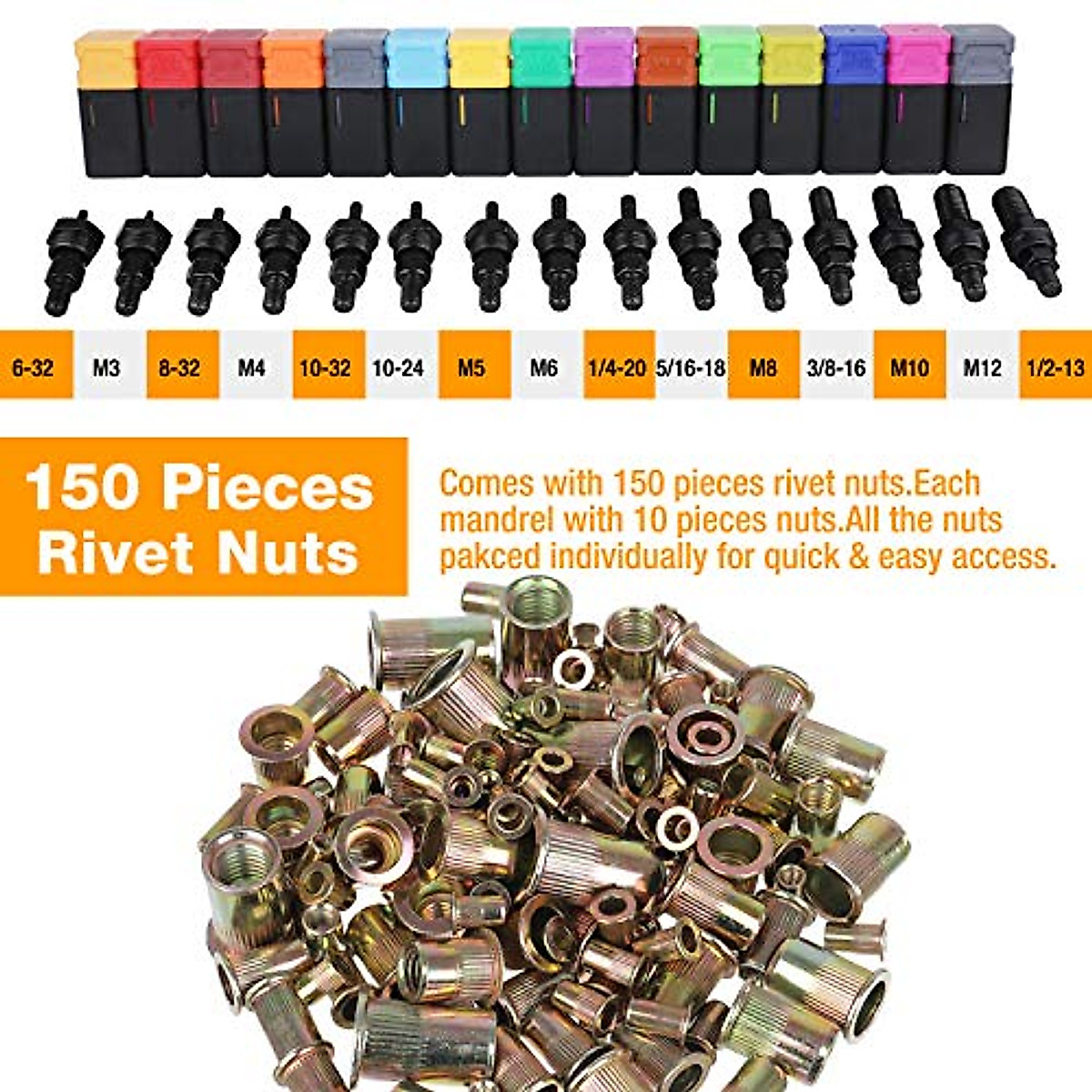 AIUITIO 16" Rivet Nut Tool, Rivnut Tool Kit with 15 Metric and SAE Mandrels, Nutsert Rivet Tool Set with 150Pcs Rivnuts