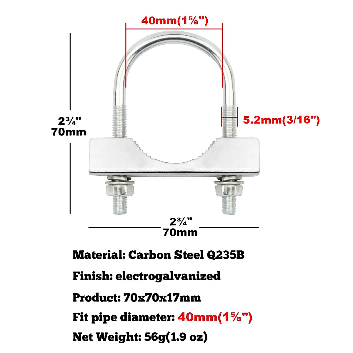GBGS U-Bolt Clamp,1-5/8" Open Width U Pipe Antenna Pole Clamps