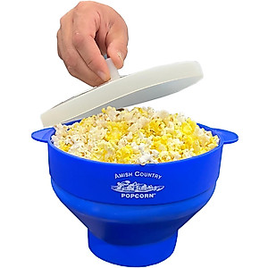 Amish Country Popcorn | Collapsible Silicone Microwave Popper with Customized ACP Logo | BPA and PVC Free Popcorn Bowl with Handles | Dishwasher Safe | Includes 2-2 oz Bags of Kernels (Blue)