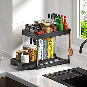 DUSASA Under Sink Organizer and Storage with Sliding Drawer, 2 Tier Black Plastic Cabinet Basket Organizer with Hooks, Under Cabinet Storage for Bathroom Kitchen