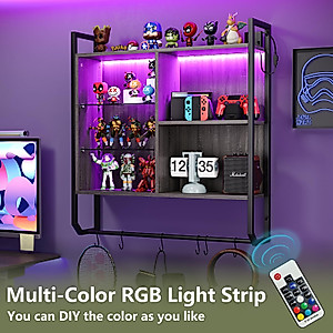 Furnihold Floating Shelves for Wall, 34'' LED Display Shelves Wall Mounted with Adjustable Glass Shelf, 3 Tier Wood Hanging Shelves with 6 Hooks, Gaming Room Shlef, Kitchen Coffee Bar, Charcoal Black