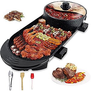 Electric Grill Hot Pot 2 in 1,Multifunctional Smokeless Grill Indoor Teppanyaki Grill/Shabu Shabu Pot with Divider - Separate Dual Temperature Contral, Non-Stick Pan BBQ Capacity for 2-12 People,110V (Black3.0)