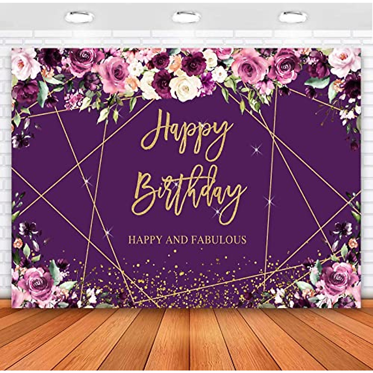Sensfun Purple Floral Gold Happy Birthday Backdrop Glitter Sparkle Geometric Line Golden Dots Photography Background for Women Bday Party Decorations Supplies Banner Photo Props Vinyl 7x5ft