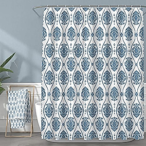 SUMGAR Boho Damask Flowers Shower Curtain Blue and White, Retro Ogee Pattern Bathroom Curtains, Classic Paisley Totem Moroccan Beach Fabric Shower Curtains Set with Hooks 72x72 Inches