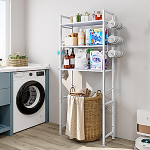 Dazioter Over The Toilet Storage Rack 3 Tier Bathroom Organizer Shelf Over Toilet Freestanding Space Saver Toilet Stands with 10 Hooks Multifunctional (White)