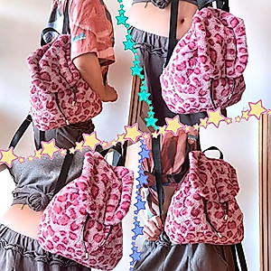 Mewcho 11” Y2k Bag Plush Backpack Small Cute Pink Blue Drawstring Leopard Fluffy Kawaii Purse Mini Backpack for Women Teen Girls (ONE-Leo-Pink)