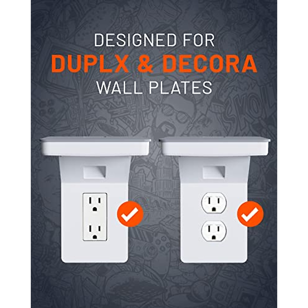 ECHOGEAR Outlet Shelf (White/Grey) - Next-Gen Design with Built in-Cord Storage & Room for Bulky Plugs - Works with Both Standard & Decora Outlets - Quick Install with Included Hardware