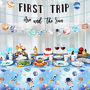 Pasimy 175 Pcs First Trip Around the Sun Birthday Party Supplies Outer Space 1st Birthday Decorations Plates Banner Napkins Tablecloth Solar System Galaxy Tableware Set Baby Shower Decor for 24 Guests