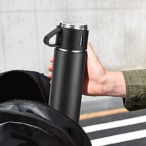 Coffee Thermos Stainless Steel Vacuum-Insulated Water Bottle, 500ml/16.9oz Insulated Bottle with Cup for Hot & Cold Drink Travel Mug (Black, Three Cup)