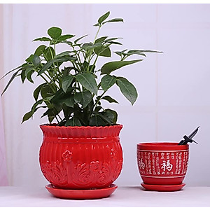 WANIYA1 Chinese Red Ceramic Flower Pots Large Plant Pots for Birthday Wedding Container Indoor Succulent Planter Flower Pot Landscape Decoration Vase Outdoor Garden Ceramic Bonsai Pots, 14cm*12cm