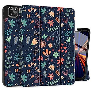 Lepeoac Designed for iPad Pro 11 inch Case M2 4th Generation (2022) / 3rd Gen (2021) / 2nd Gen (2020) / 1st Gen (2018) with Pencil Holder, Trifold Stand TPU Back Shell Smart Case, Flat Floral
