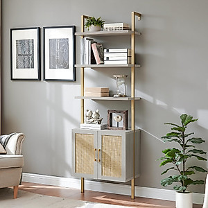 OAKHAM HOME 5 Tier Book Shelf, 73" Tall Bookshelf with Storage, Modern Bookcase with Shelves, Wall Mount Ladder Shelf with Steel Frame, Bookshelves with Rattan Cabinet for Living Room (Pale Oak)