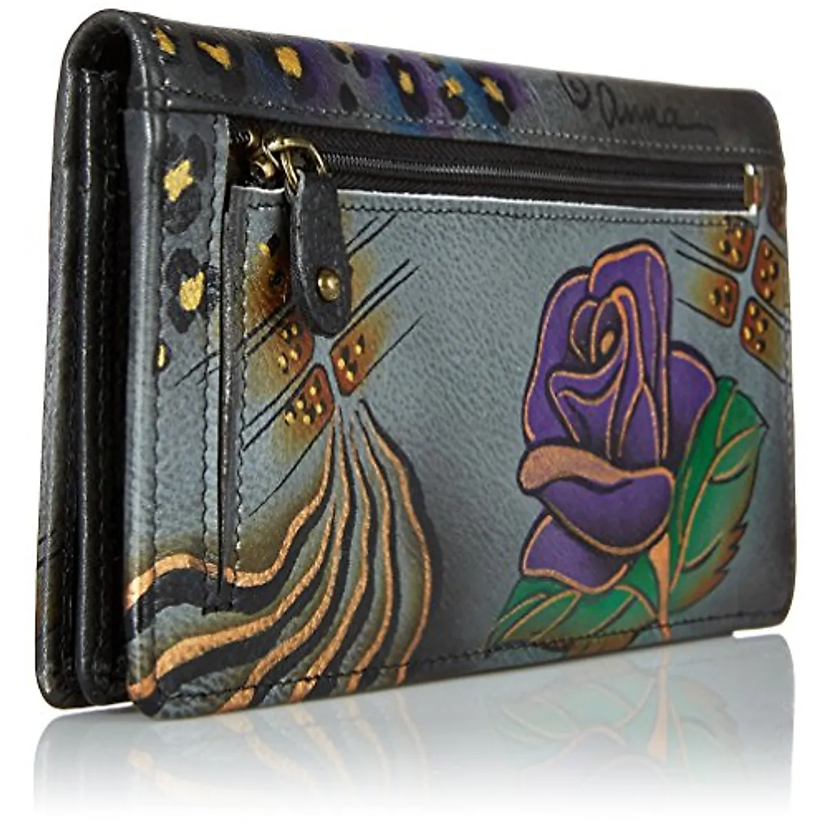 Anna by Anuschka Womens Handpainted Leather Ladies Wallet Snap Button Closure, Rose Safari Grey,One Size