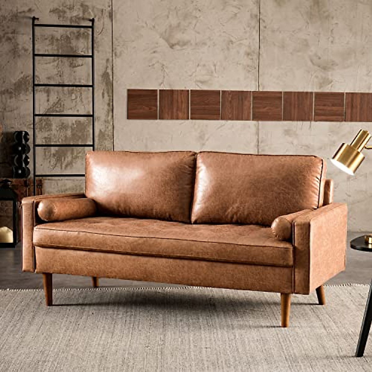 XIZZI Mid-Century Modern Living Room Loveseat Sofa Couch Fack Suede Fabric with Square Arm and Wood Grain Legs for Small Space, 69.68" W Brown