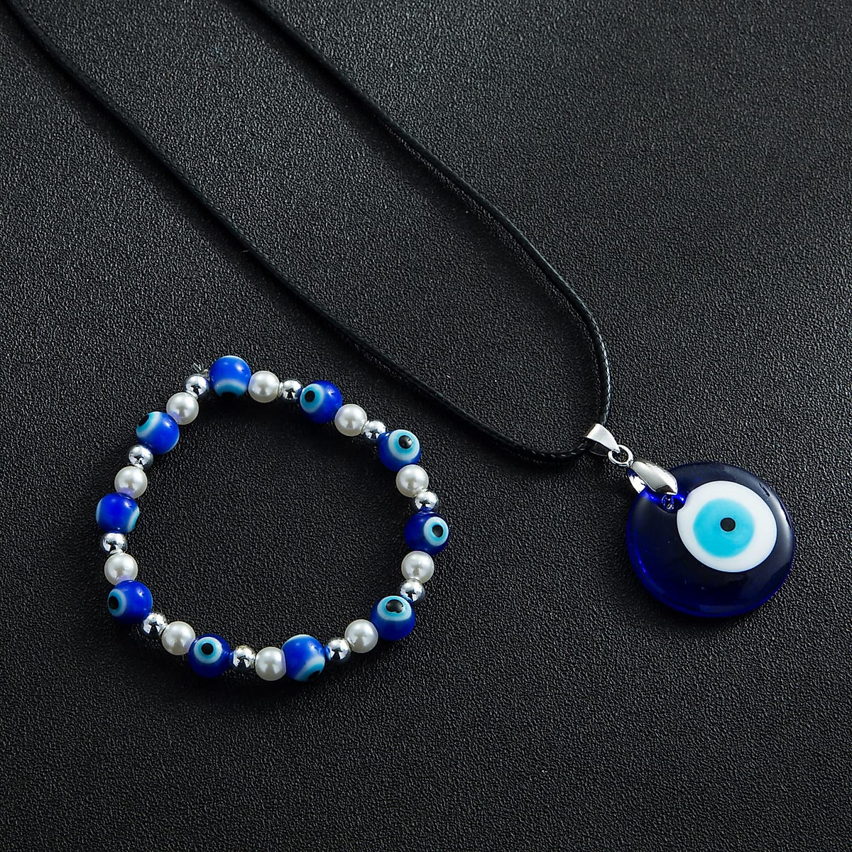JDXN 4PCS Evil Eye Blue Glass Eye pendant Necklace Evil Eye Ring Set Plated Eye Rings Colorful Evil Eye Finger Ring For Women Girls (bule/Gold/Silver /4PCS)