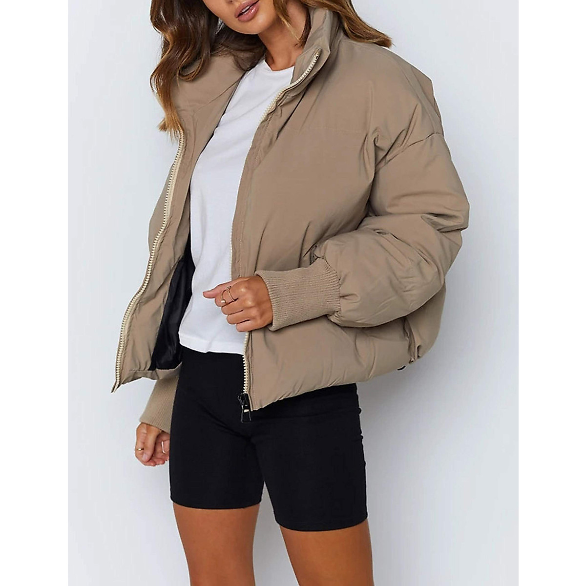 UANEO Puffer Jacket Womens Oversized Cropped Puffy Quilted Winter Jackets Coat (Khaki-S)