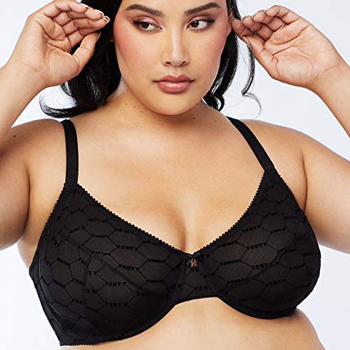 Savage X Fenty, Women's, Curvy Flocked Logo Unlined Bra, Demi Cup, Underwire, U-Back, Adjustable Straps, Black Caviar, 38DDD