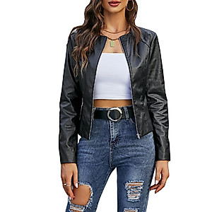 MakeMeChic Women's PU Leather Zip Up Crop Jacket Long Sleeve Moto Biker Coat Short Outerwear Black S