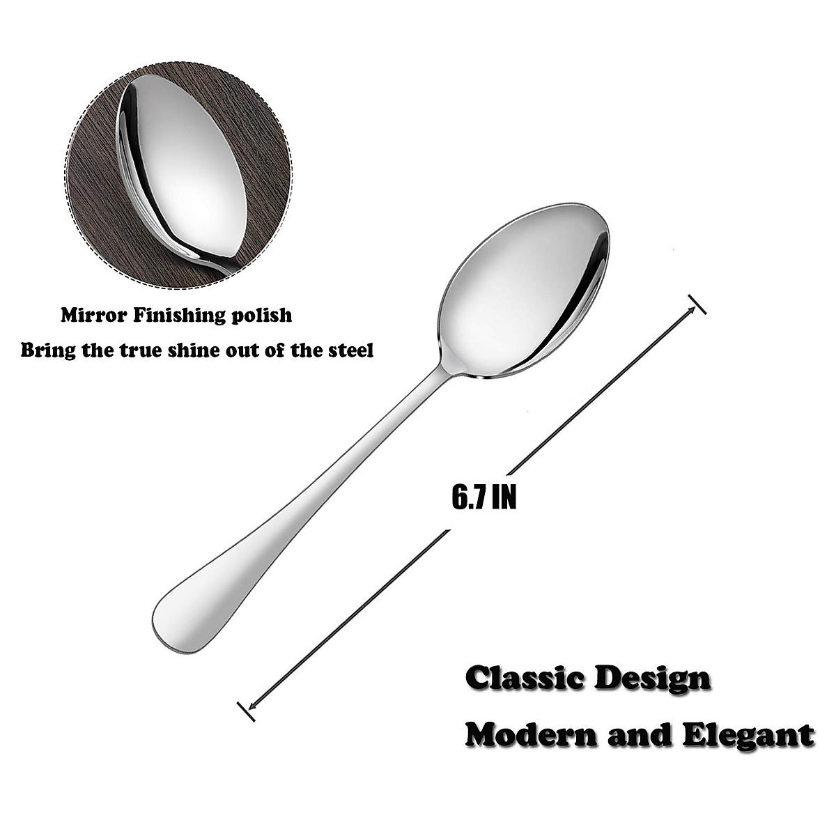 E-far Stainless Steel Teaspoons Set of 12, Modern Silverware Flatware Dessert Spoons for Home, Kitchen, Restaurant, Round Edge & Mirror Polished, Dishwasher Safe - 6.7 Inches