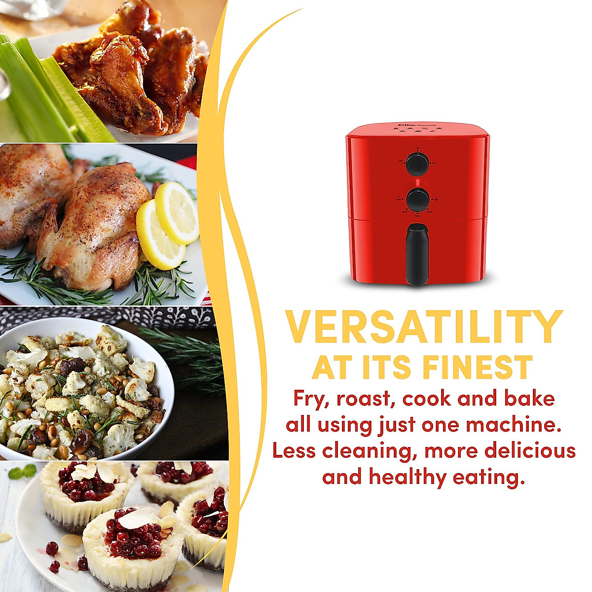 Elite Gourmet EAF-3218R Personal 1.1 Quart Compact Space Saving Electric Hot Air Fryer Oil-Less Healthy Cooker, Timer & Temperature Controls, Red.