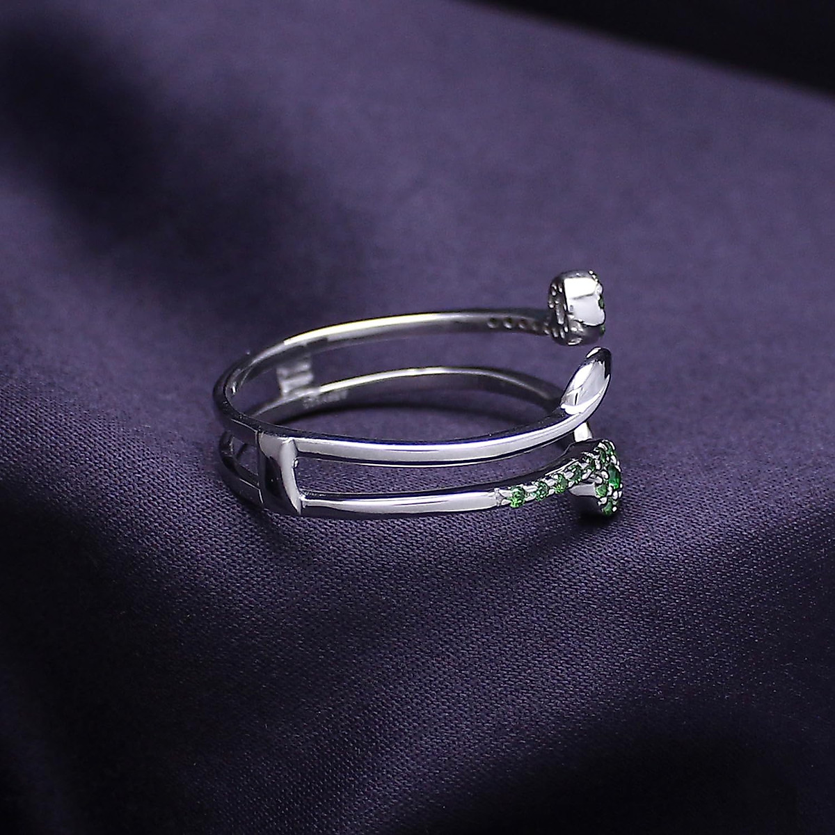 AFFY Round Cut Simulated Emerald Leaf Guard Enhancer Ring in 14k White Gold Over Sterling Silver Ring Size-12