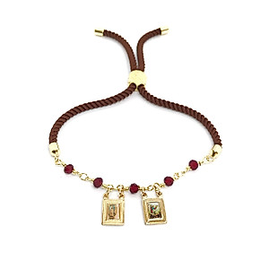 LESLIE BOULES Scapular Bracelet with Crystal Beads & Brown Satin Cord Adjustable