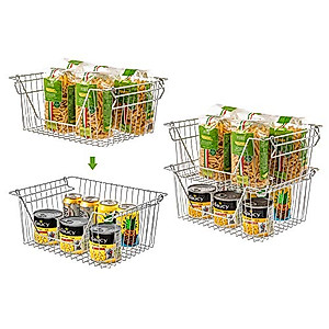 SANNO Stackable Baskets Organizing Pantry Organization and Storage Metal Kitchen Organization Bins Cabinet Metal Baskets for StorageBin for Kitchen Counter Bathroom Shelves Storage Onion Potato Farmhouse Baskets